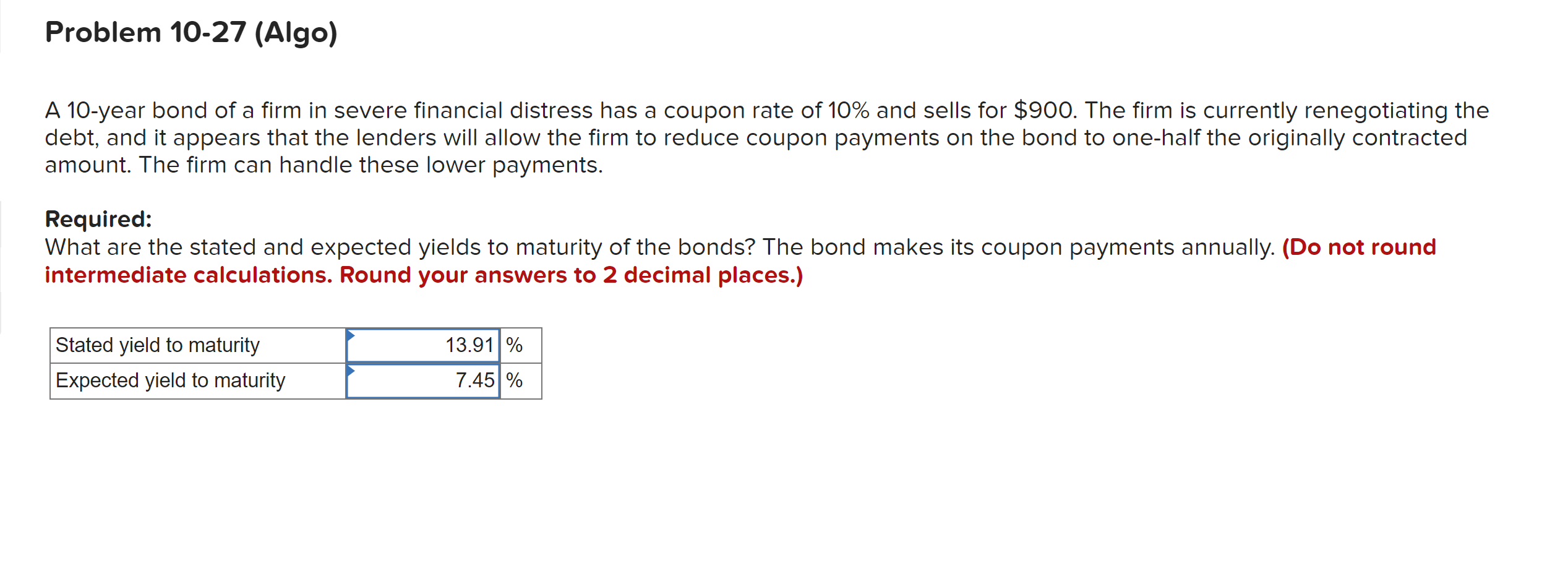 Solved Problem 10-27 (Algo)A 10-year bond of a firm in | Chegg.com