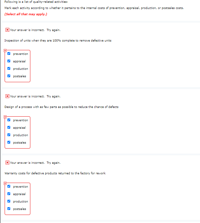 Solved Following is a list of quality-related activities: | Chegg.com