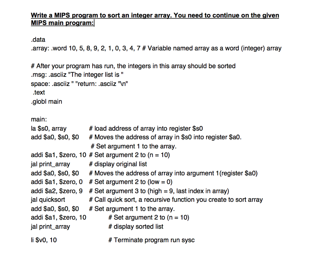 Write A Mips Program To Sort An Integer Array You