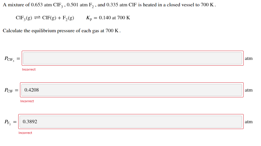 Solved A mixture of 0.653 atm CIF3 , 0.501 atm F2, and 0.335 | Chegg.com