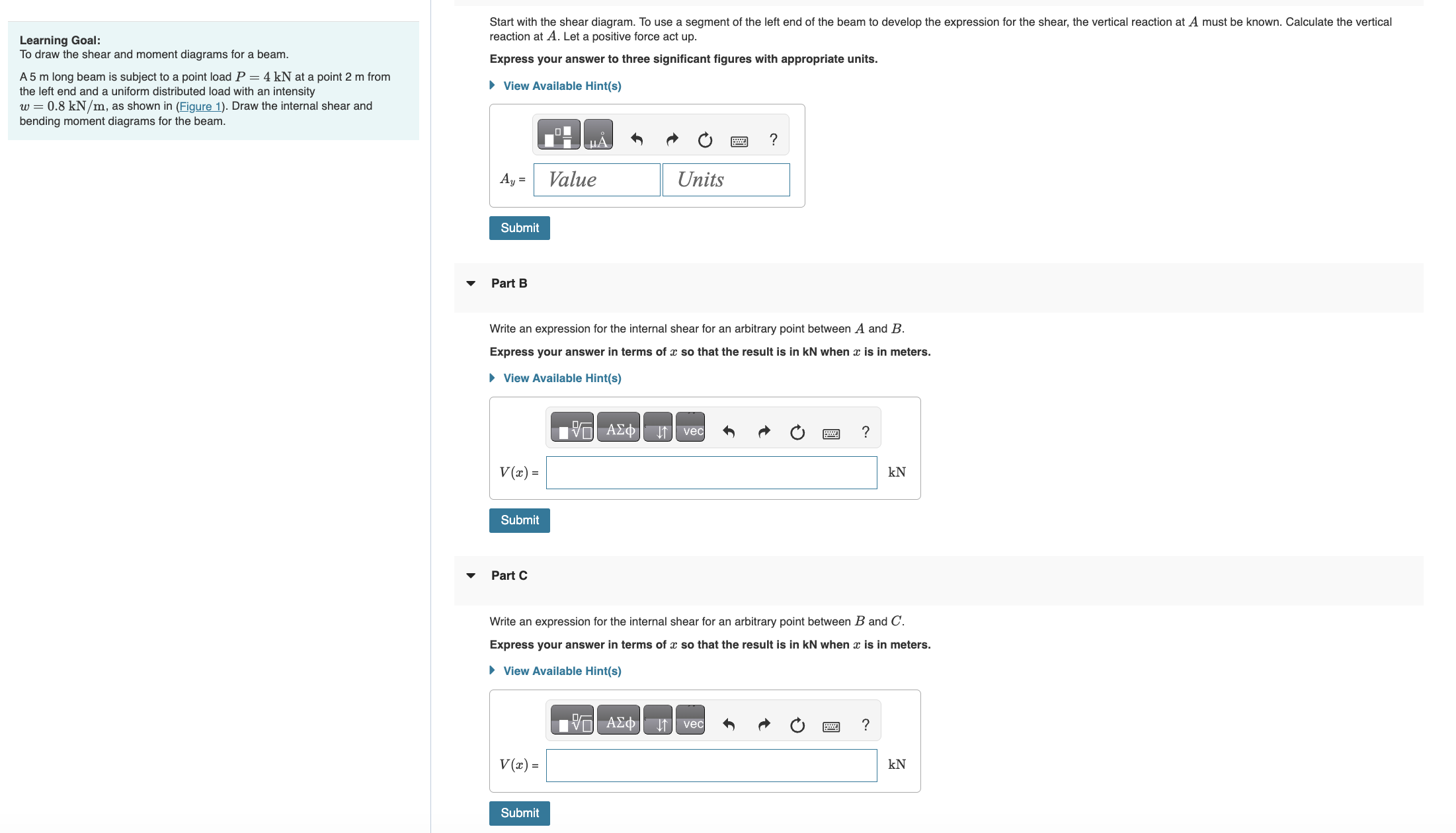 Solved Part B Write an expression for the internal shear for | Chegg.com