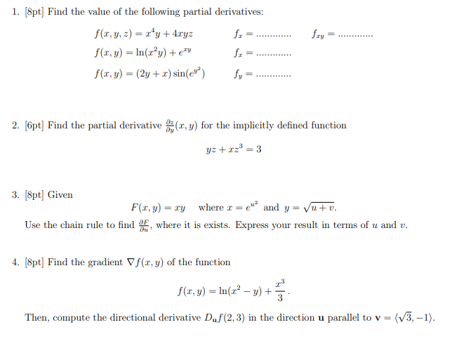 Solved 1. [8pt] Find the value of the following partial | Chegg.com