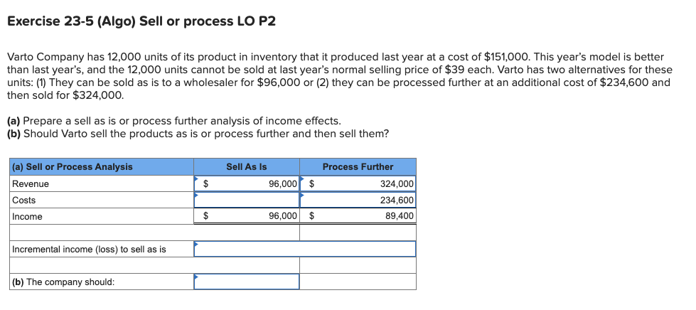 Solved Exercise 23-5 (Algo) Sell or process LO P2 Varto | Chegg.com