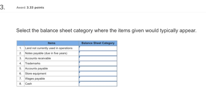 Solved 3. Award: 3.33 points Select the balance sheet | Chegg.com