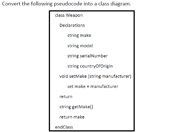 Solved Convert the following pseudocode into a class | Chegg.com