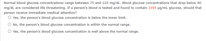 Solved Normal blood glucose concentrations range between 75 | Chegg.com