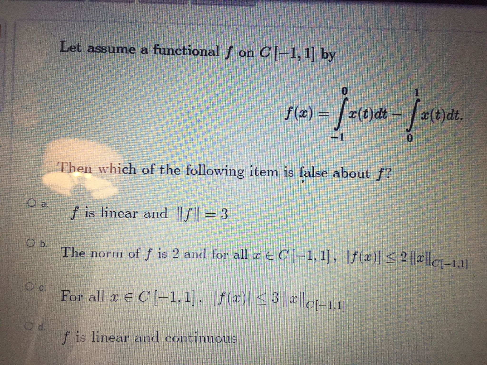 Solved Let assume a functional f on C[−1,1] by | Chegg.com