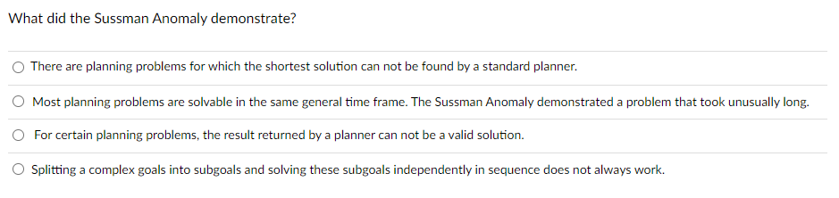 Solved What did the Sussman Anomaly demonstrate? There are | Chegg.com