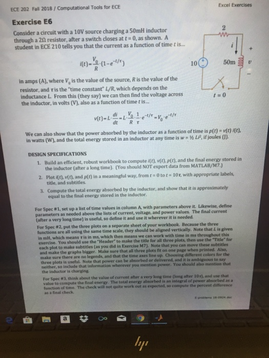 Solved ECE 202 Fall 2018/Computational Tools for ECE Excel | Chegg.com