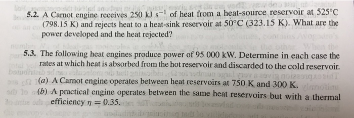 Solved sdi 5.2. A Carnot engine receives 250 kJ s-1 of heat | Chegg.com
