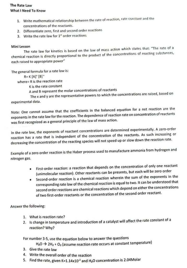 Solved The Rate Law What I Need To Know 1. Write | Chegg.com