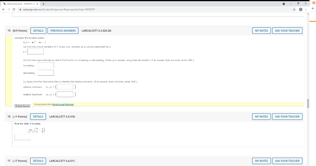 Solved Onine Final Eszm-MA10010, 5 x + | Chegg.com