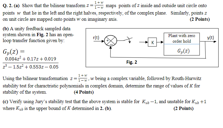Solved Q. 2. (a) Show that the bilinear transform z=1−w1+w | Chegg.com