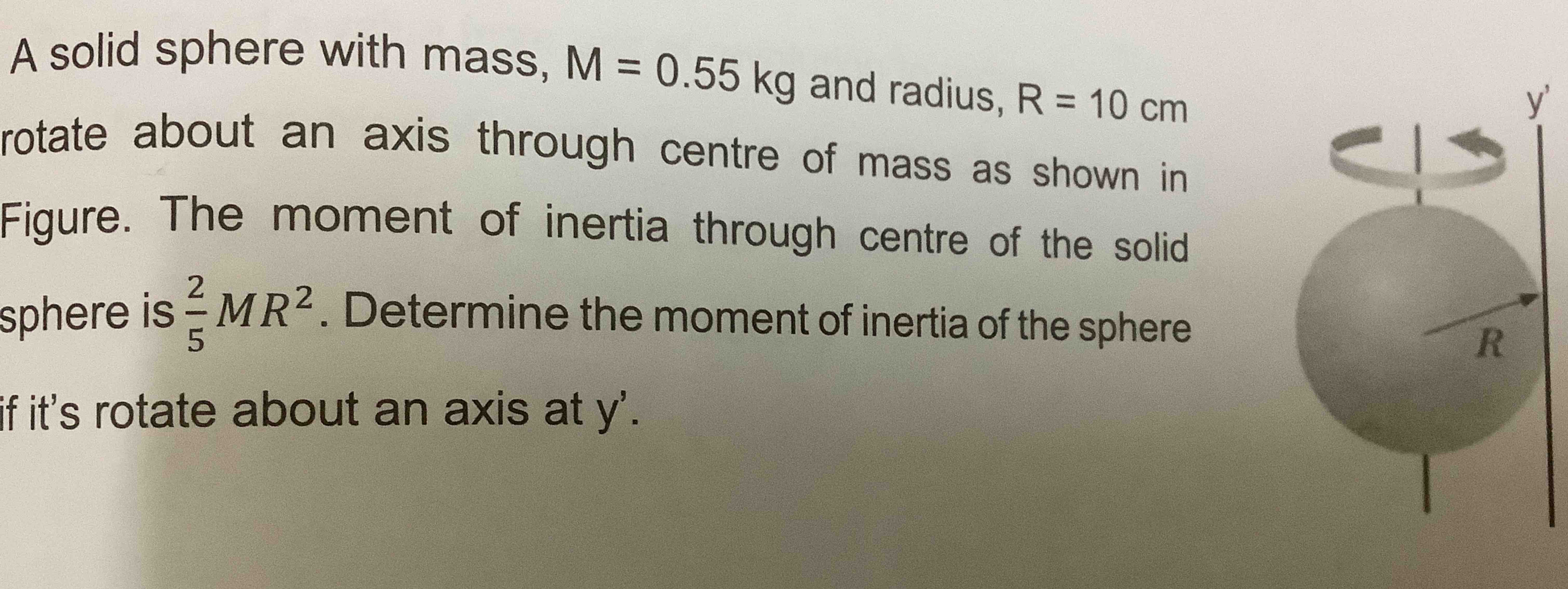 Solved A solid sphere with mass, M=0.55kg ﻿and radius, | Chegg.com