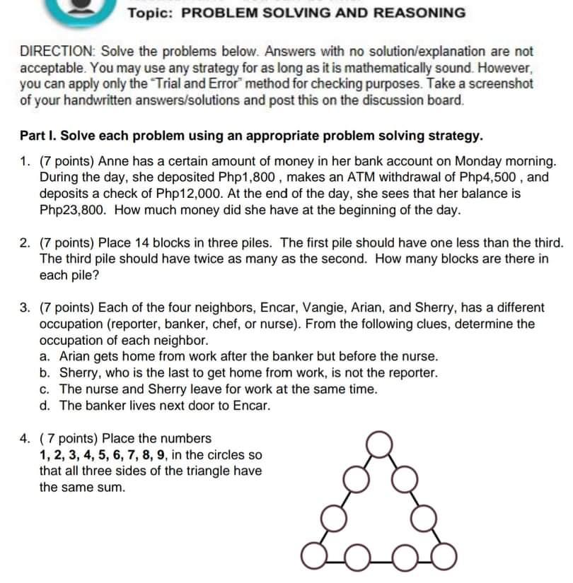 Solved Topic: PROBLEM SOLVING AND REASONING DIRECTION: Solve | Chegg.com
