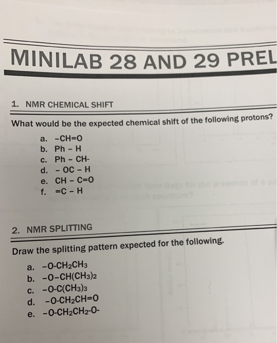 Solved MINILAB 28 AND 29 PREL 1. NMR CHEMICAL SHIFT What | Chegg.com