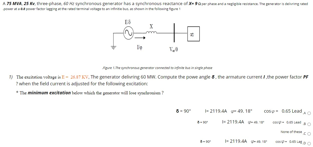 Solved A 75 MVA, 25 Kv, three-phase, 60 Hz synchronous | Chegg.com