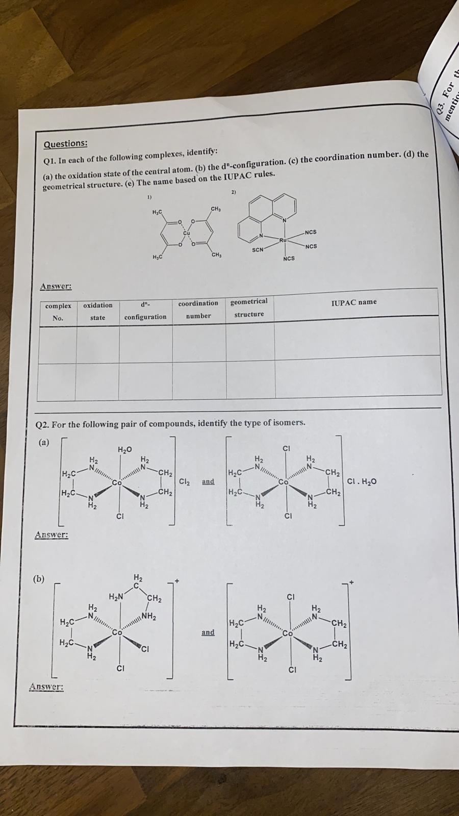 Solved Questions: Q1. In each of the following complexes, | Chegg.com
