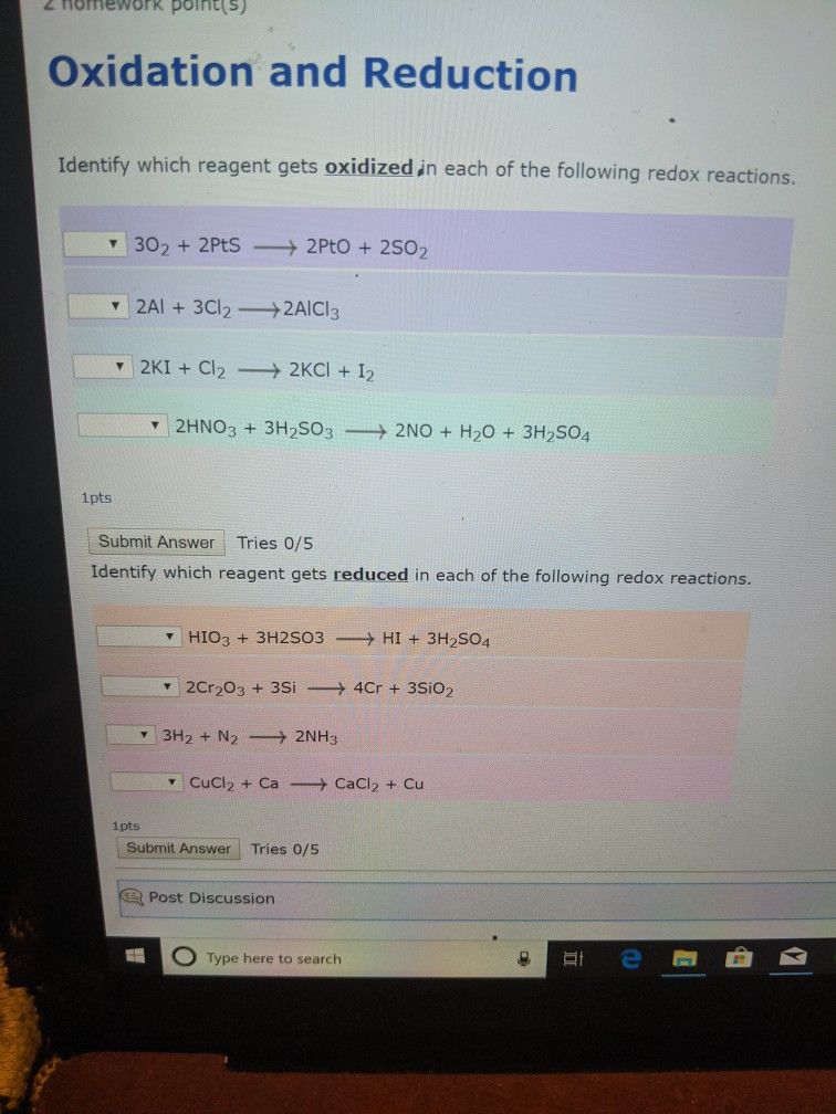Solved homework points) Oxidation and Reduction Identify | Chegg.com