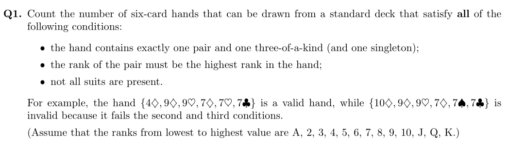 Solved Q1. Count the number of six-card hands that can be | Chegg.com