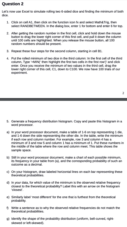 Question 2 Let's now use Excel to simulate rolling | Chegg.com