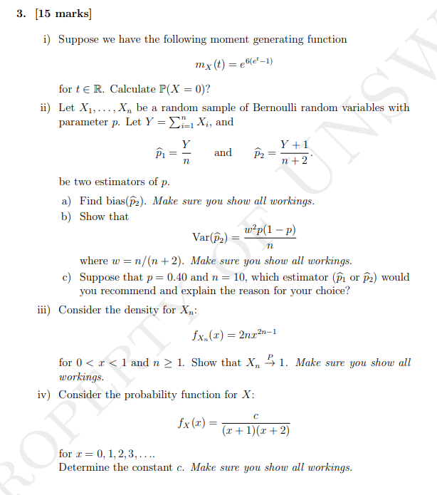 Solved [15 marks ] i) Suppose we have the following moment | Chegg.com