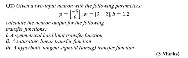 Solved Q2) Given a two-input neuron with the following | Chegg.com
