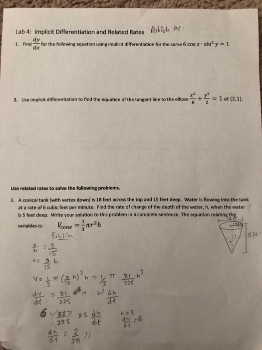 Solved Lab 4: Implicit Differentiation and Related Rates | Chegg.com