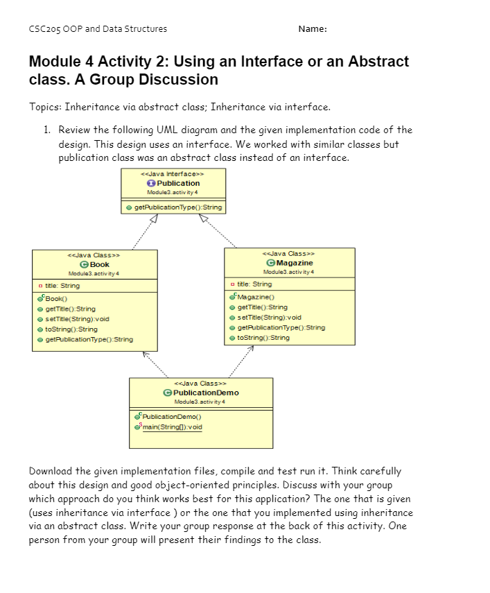 Solved Module 4 Activity 2 Using An Interface Or An 