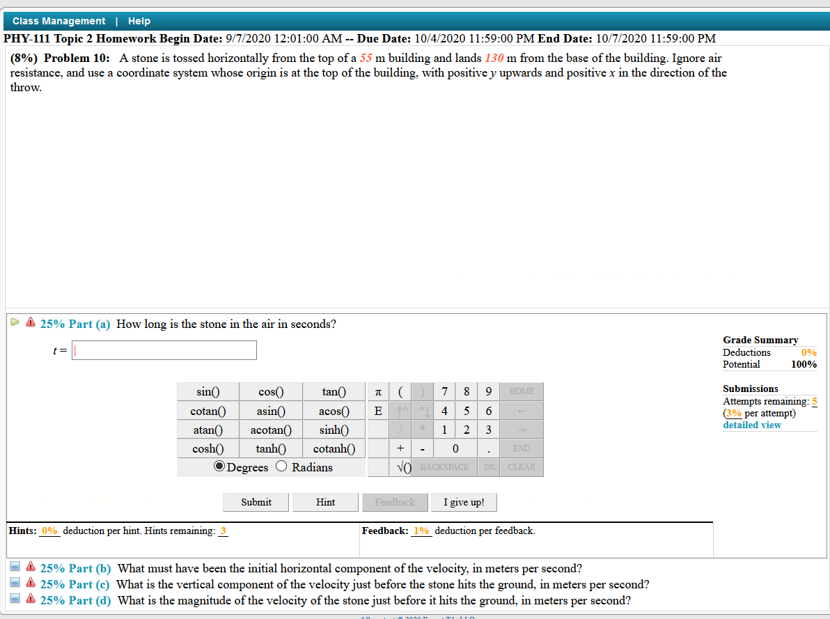 Solved Class Management | Help PHY-111 Topic 2 Homework | Chegg.com