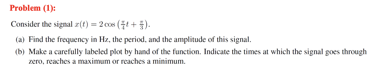 Solved Problem (1): Consider the signal x(t)=2cos(4πt+3π). | Chegg.com