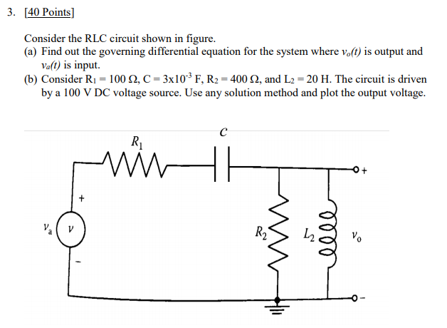 Solved 3. [40 Points) Consider the RLC circuit shown in | Chegg.com