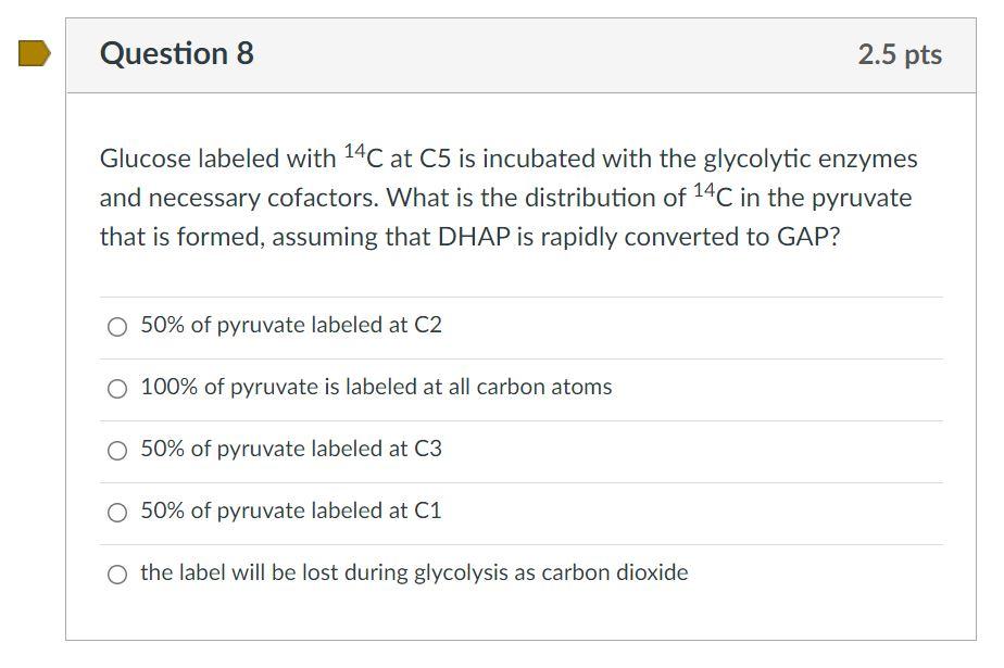 Solved Question 8 2.5 pts Glucose labeled with 14C at C5 is | Chegg.com