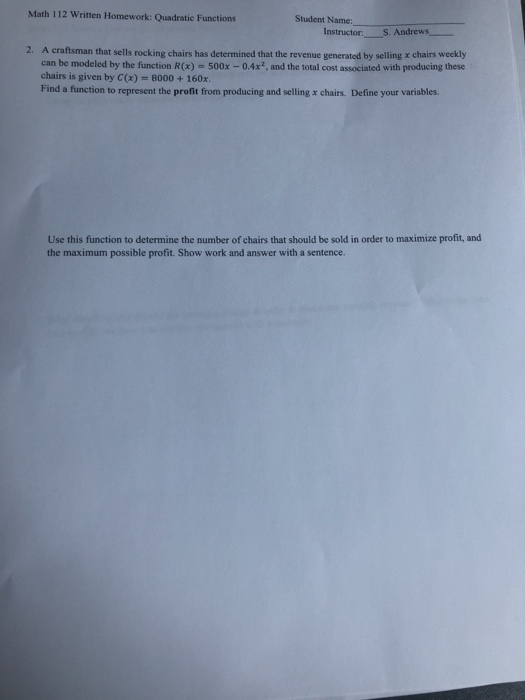 Solved Math 112 Written Homework: Quadratic Functions | Chegg.com