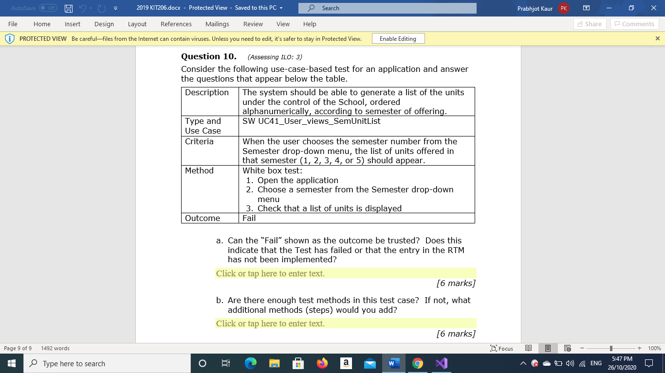 Solved AutoSave H 2019 KIT206.docx - Protected View - Saved | Chegg.com