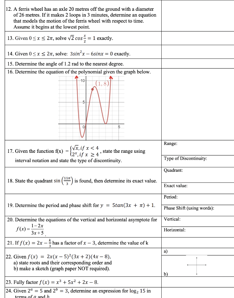 Solved 12. A ferris wheel has an axle 20 metres off the | Chegg.com