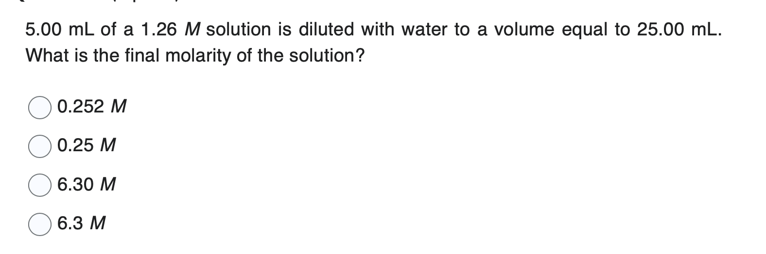 Solved 5.00 mL of a 1.26M solution is diluted with water to | Chegg.com