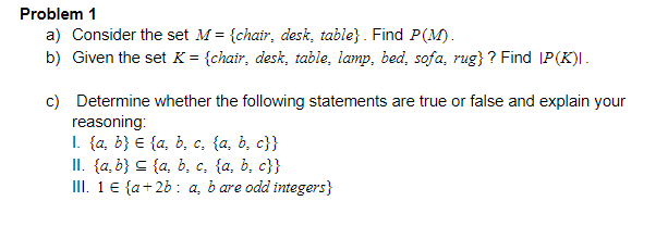 Solved Problem 1 a) Consider the set M = {chair, desk, | Chegg.com