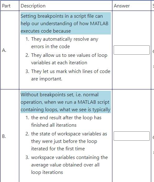 Solved Part Answer Description Setting breakpoints in a | Chegg.com