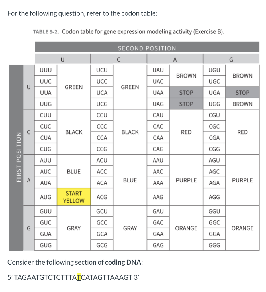 Solved For the following question, refer to the codon table: | Chegg.com