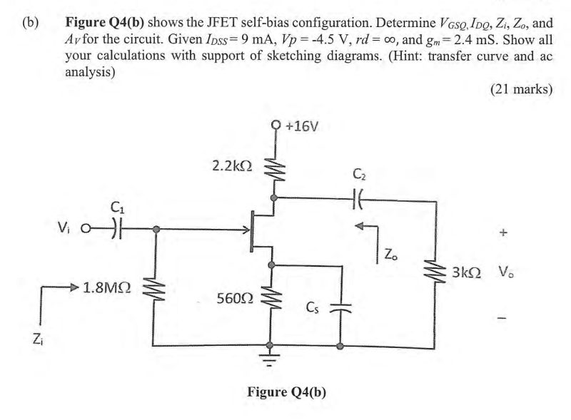 Solved Figure Q4(b) shows the JFET self-bias configuration. | Chegg.com