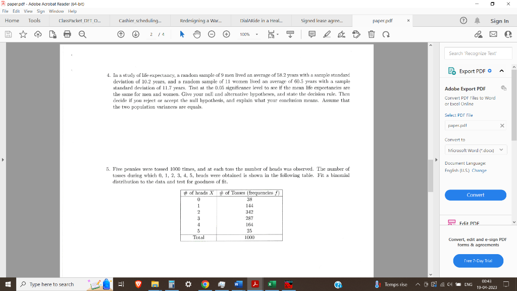 Solved Export PDF ⊙ 4. In a study of life expectancy, a | Chegg.com