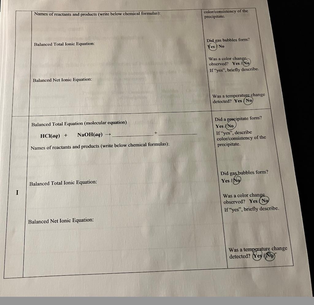 Solved Names of reactants and products (write below chemical | Chegg.com