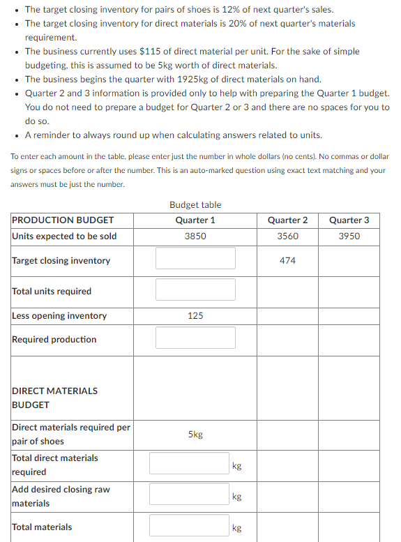 Solved The target closing inventory for pairs of shoes is | Chegg.com