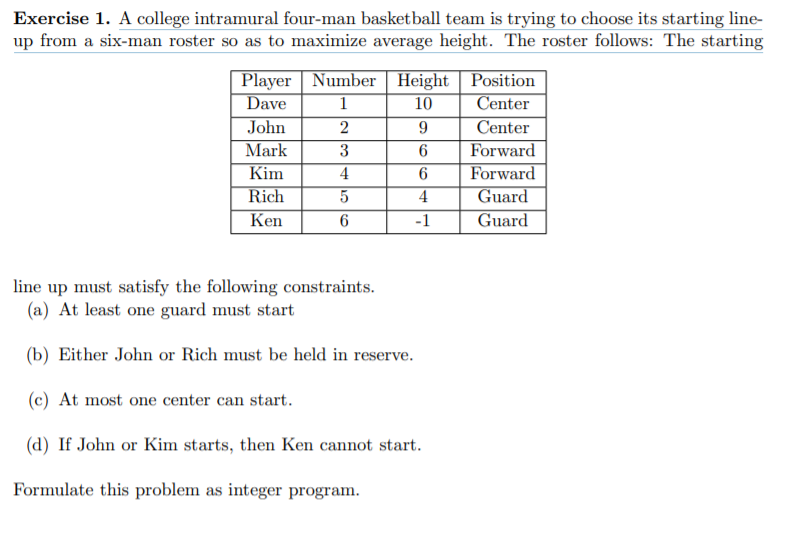Solved Exercise 1. A college intramural four-man basketball | Chegg.com