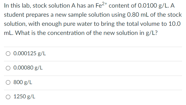 Solved In this lab, stock solution A has an Fe2+ content of | Chegg.com