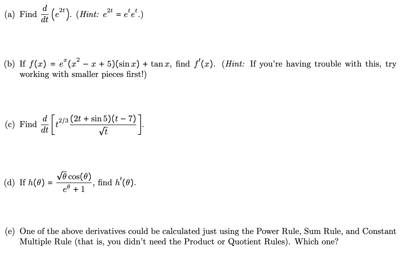 Solved Find the derivative for parts a, b, c, and d. Do not | Chegg.com
