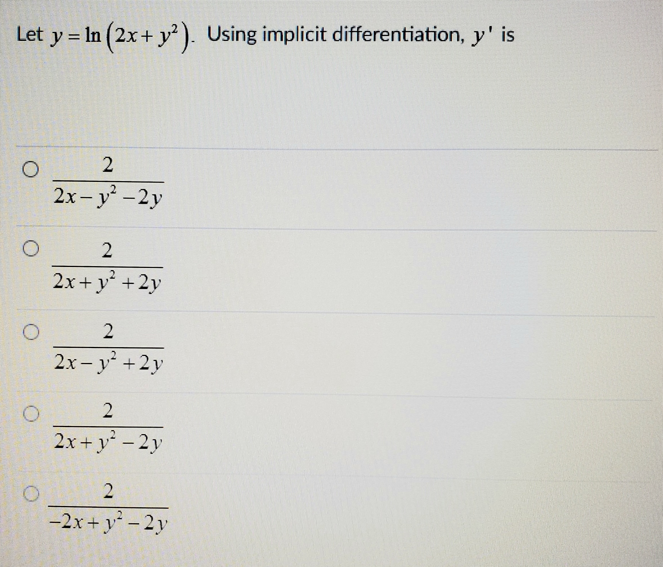 Solved Let y=ln(2x+y2). Using implicit differentiation, y′ | Chegg.com
