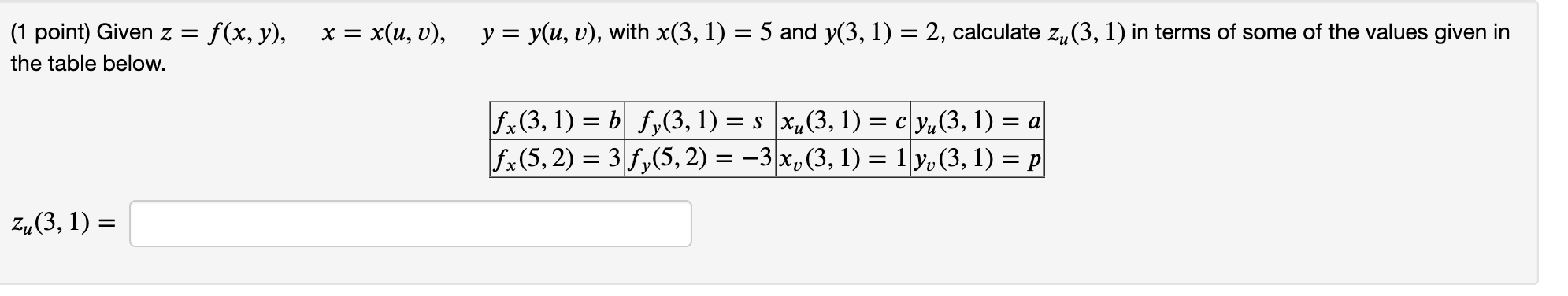 Solved (1 point) Given z=f(x,y),x=x(u,v),y=y(u,v), with | Chegg.com