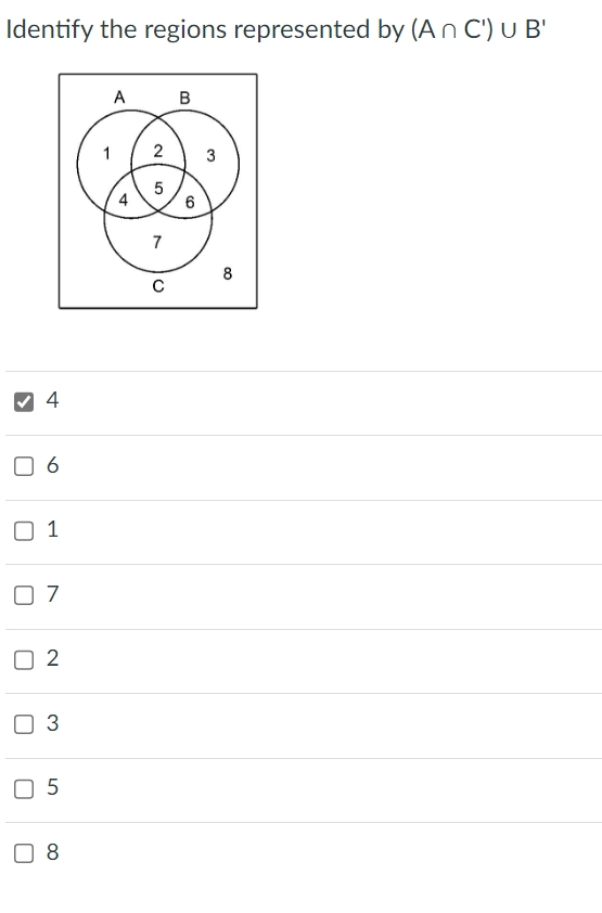 Solved Identify the regions represented by (A∩C')∪B'46172358 | Chegg.com